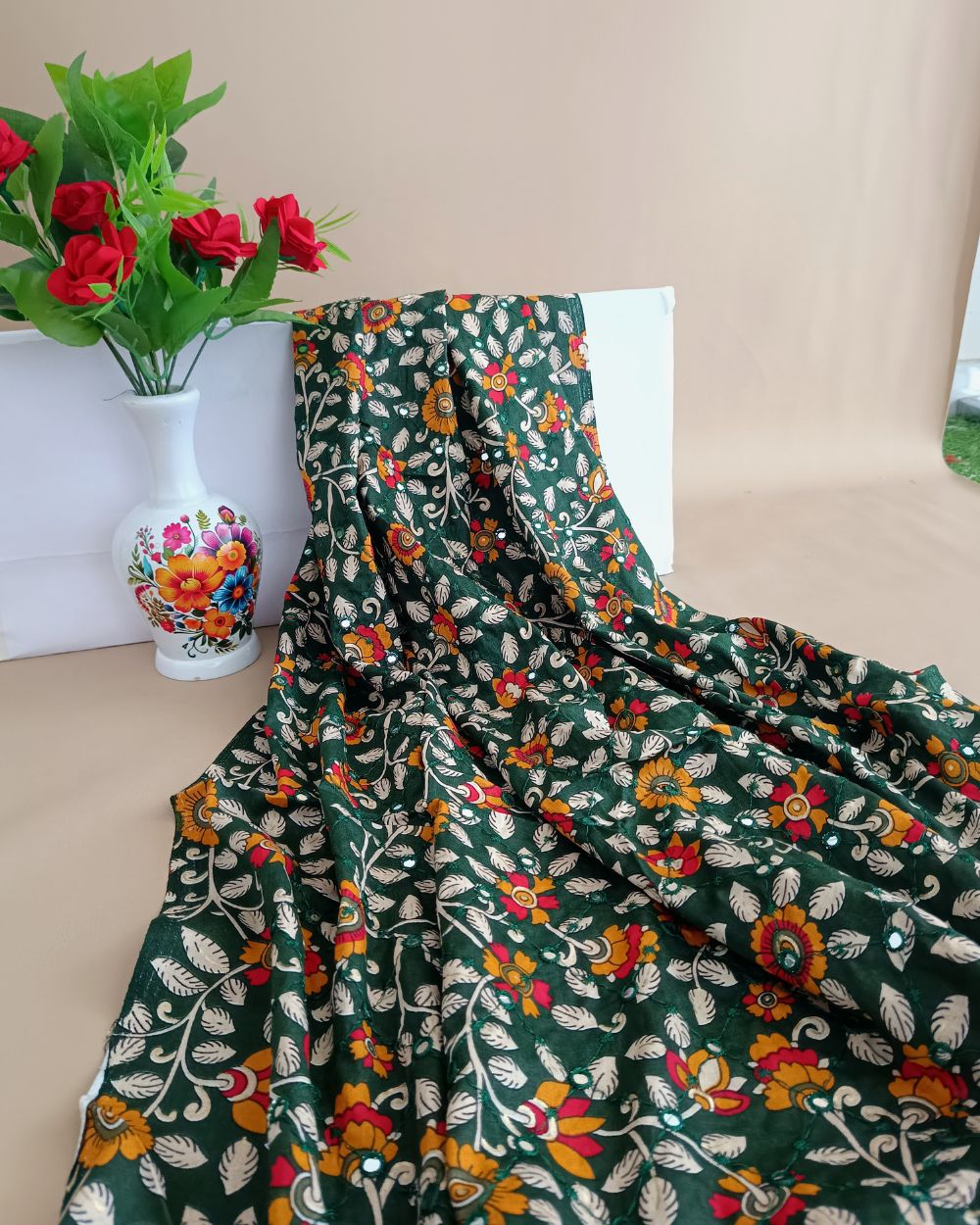 Abla Work | Cotton Fabric | Green | Balaji Cutpiece